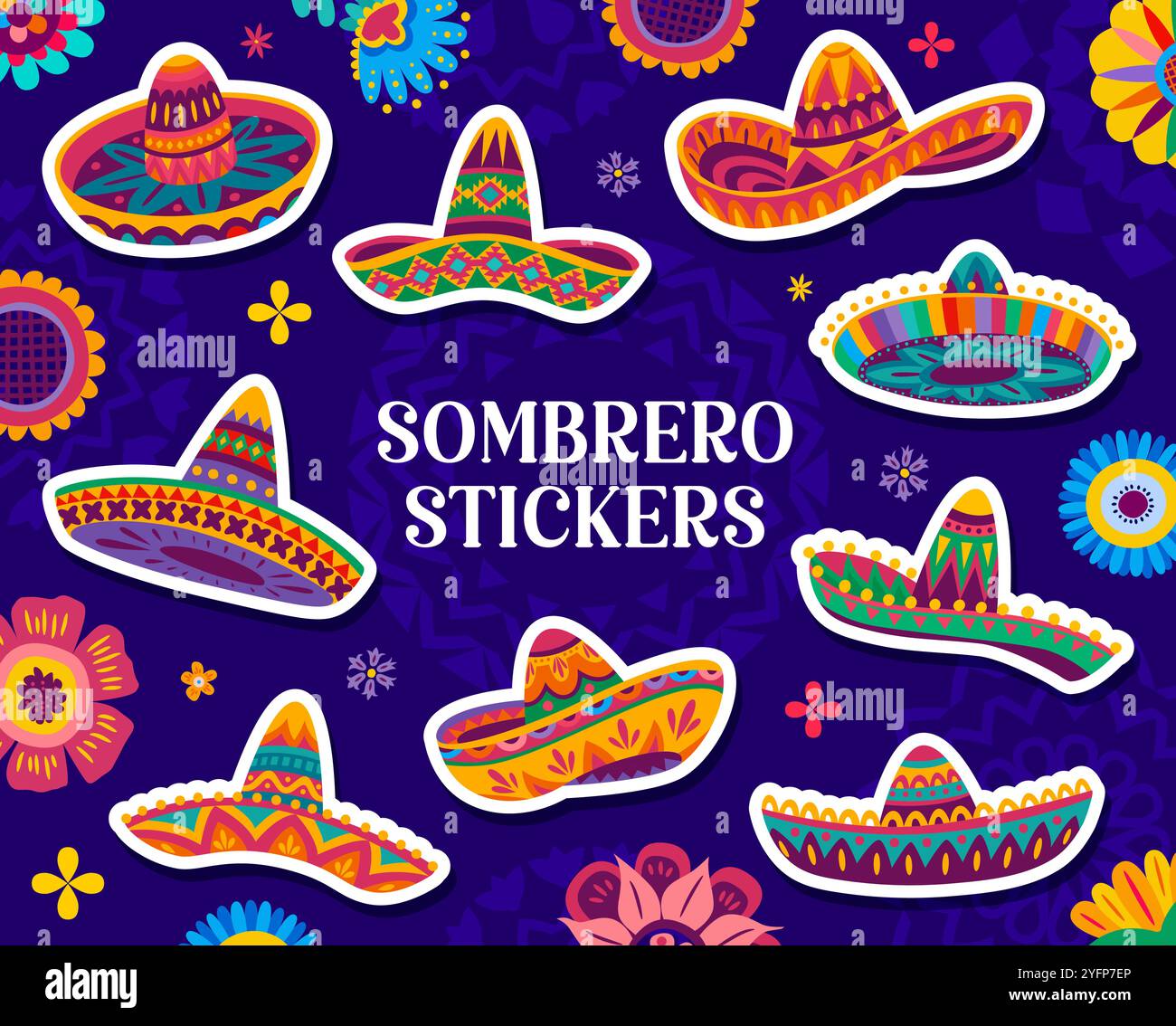 Mexican sombrero hat stickers with Latin ornament patterns, vector ...