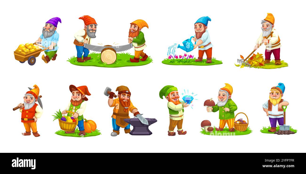 Cartoon gnome dwarf characters. Cute fairy tale small garden gnome ...