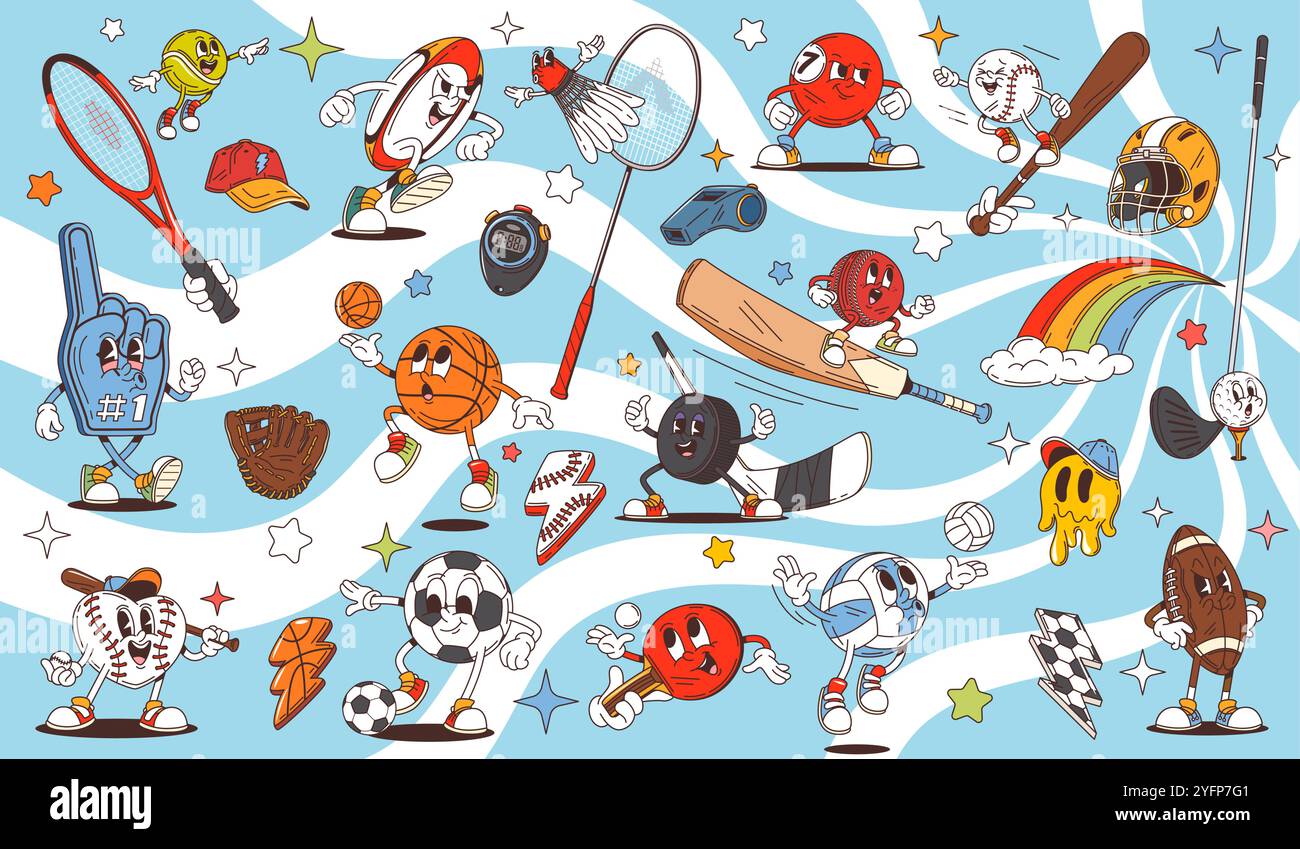 Retro cartoon groovy sport characters of soccer or football balls ...