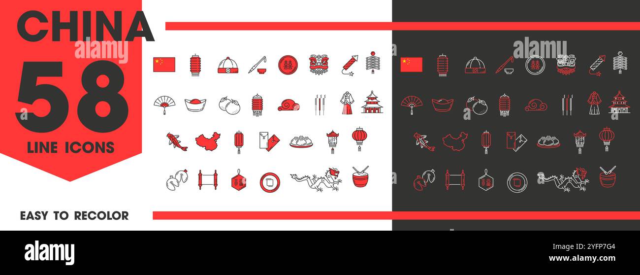 China landmark and travel line icons, Chinese culture and Asian famous ...