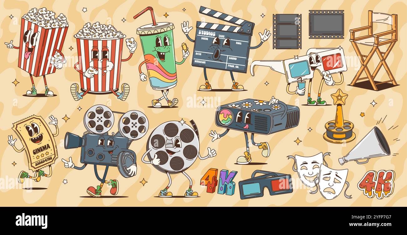 Cartoon retro groovy movie cinema characters. Cute popcorn, ticket ...