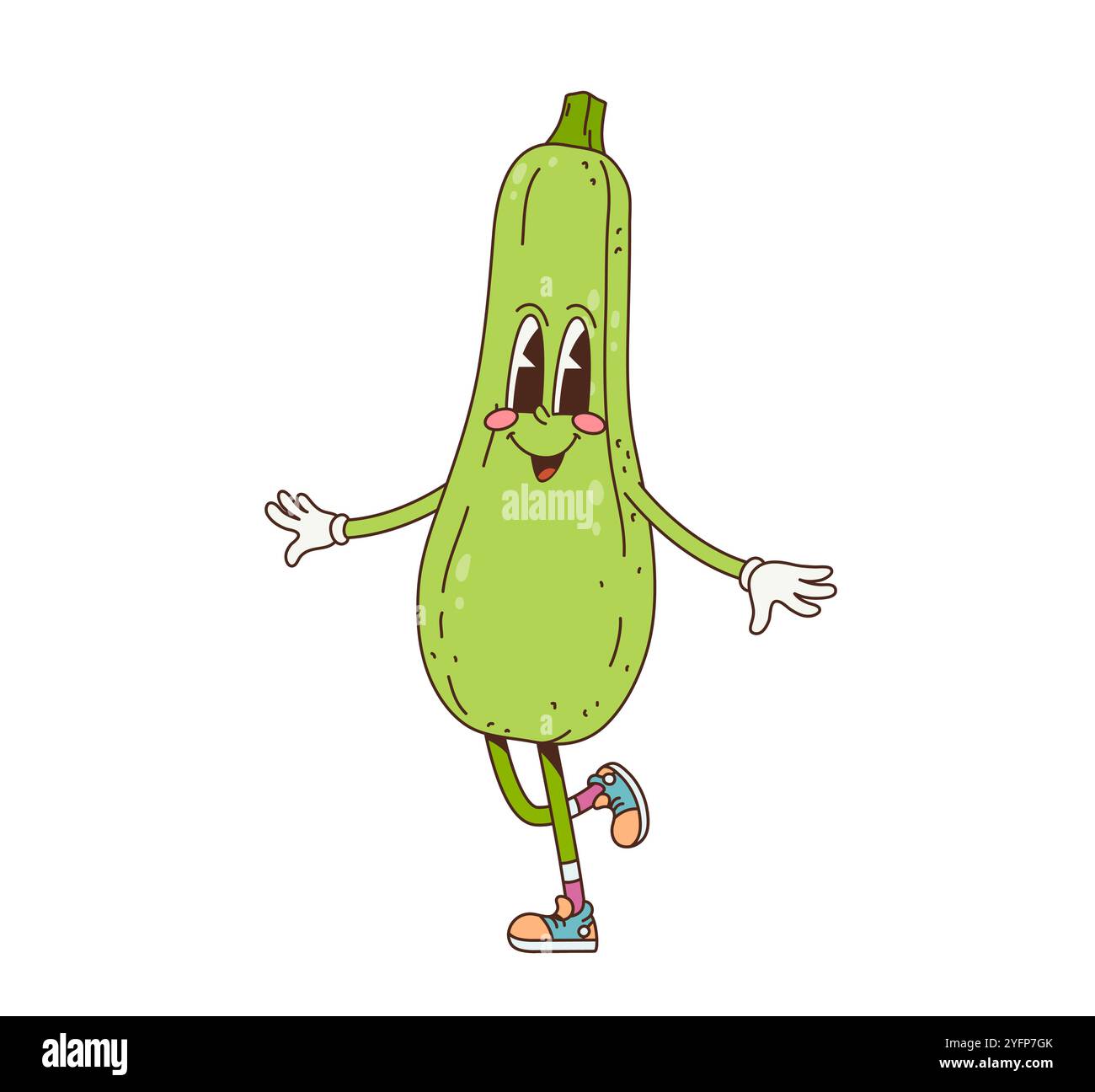 Cartoon groovy zucchini vegetable character dancing with smiling face ...