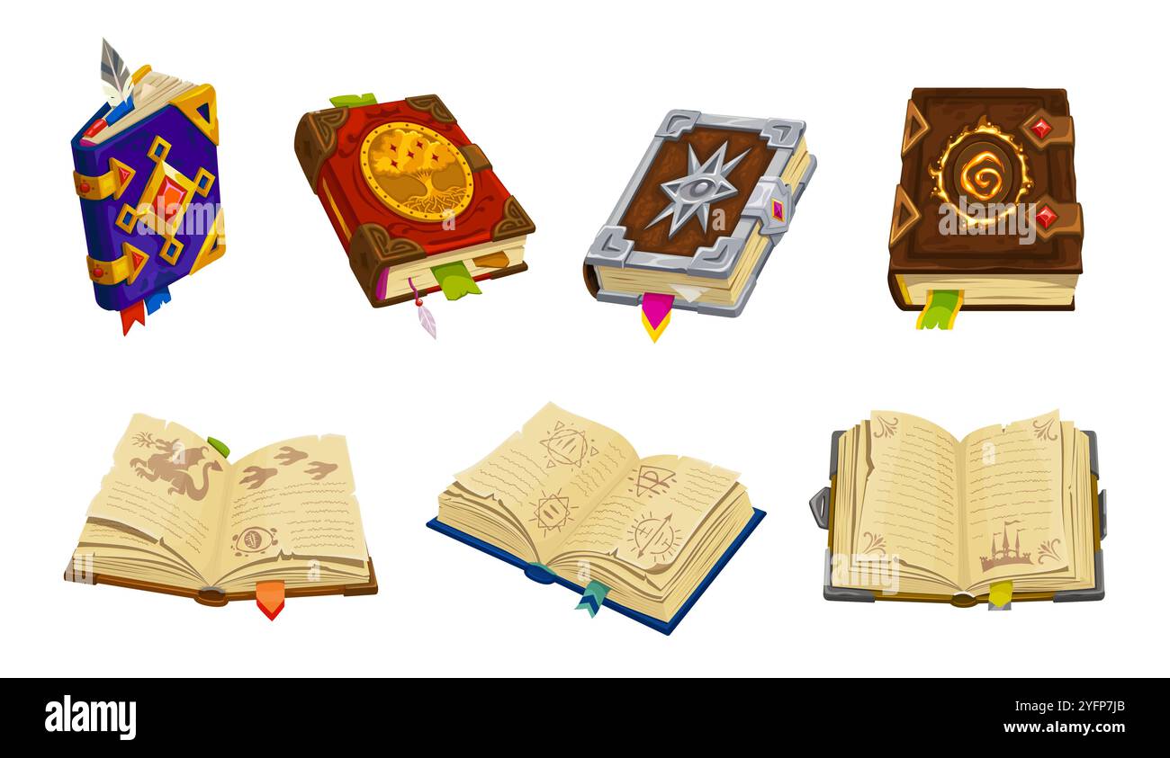 Medieval book game asset icons, ancient fantasy magic spellbooks and ...