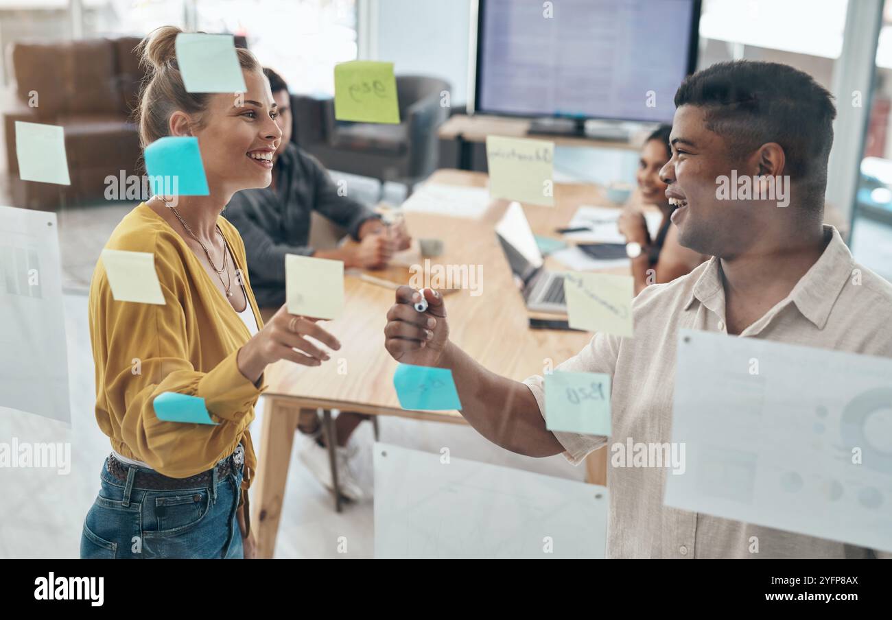 Office, teamwork and business people with sticky notes for planning ...