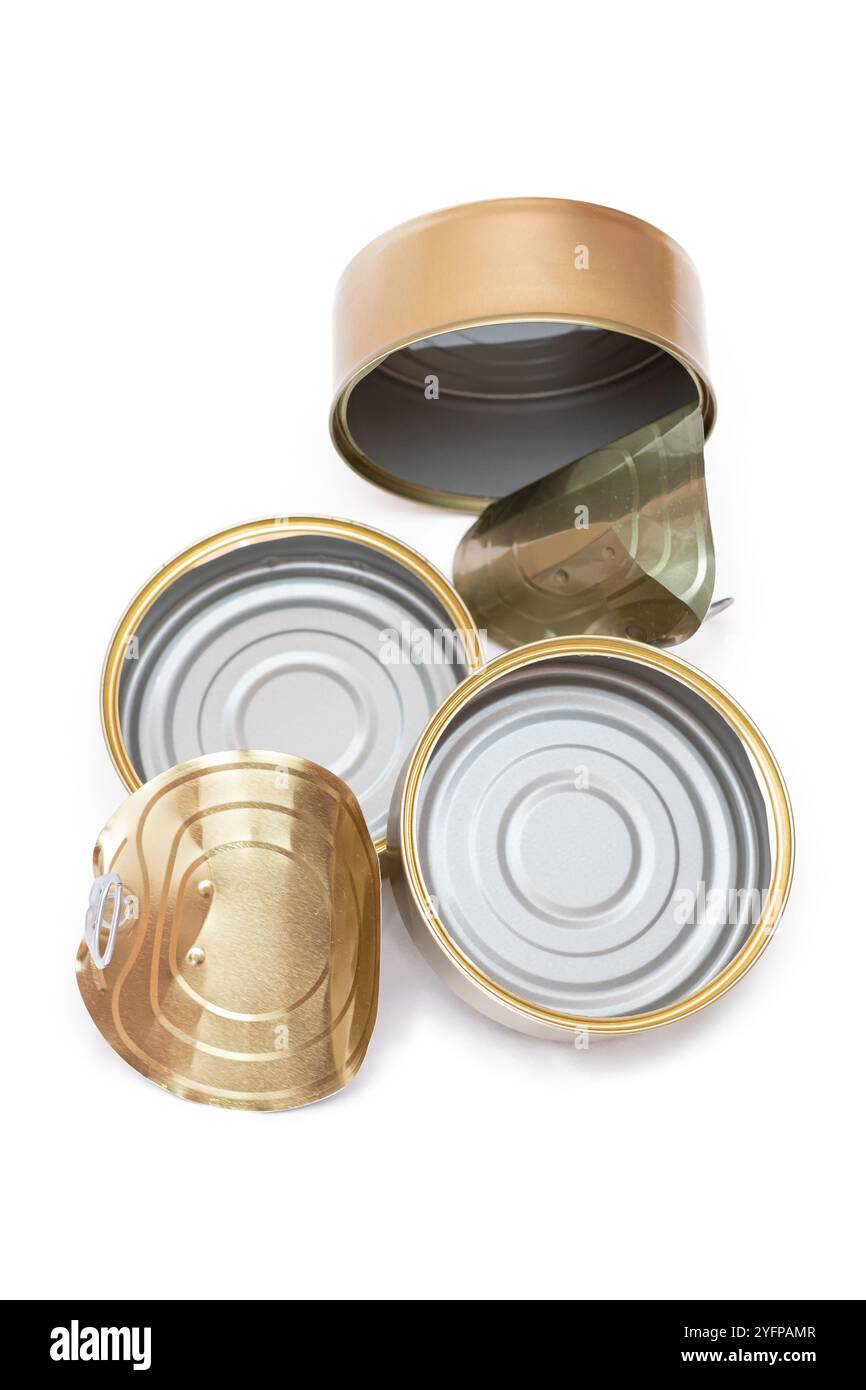 Three Opened Empty Tin Cans with Broken Cover Isolated on White ...