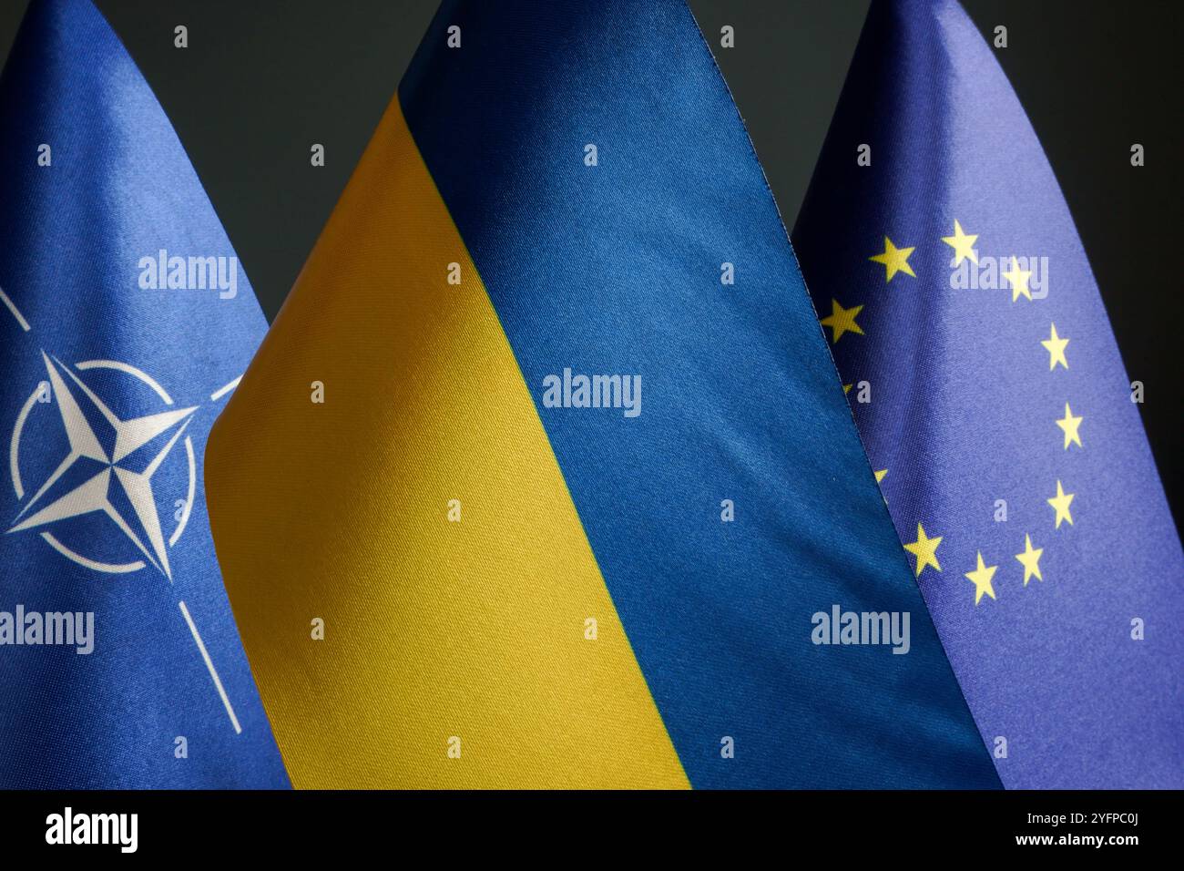 KYIV, UKRAINE - November 30, 2024. Flags of NATO, Ukraine, and the EU ...