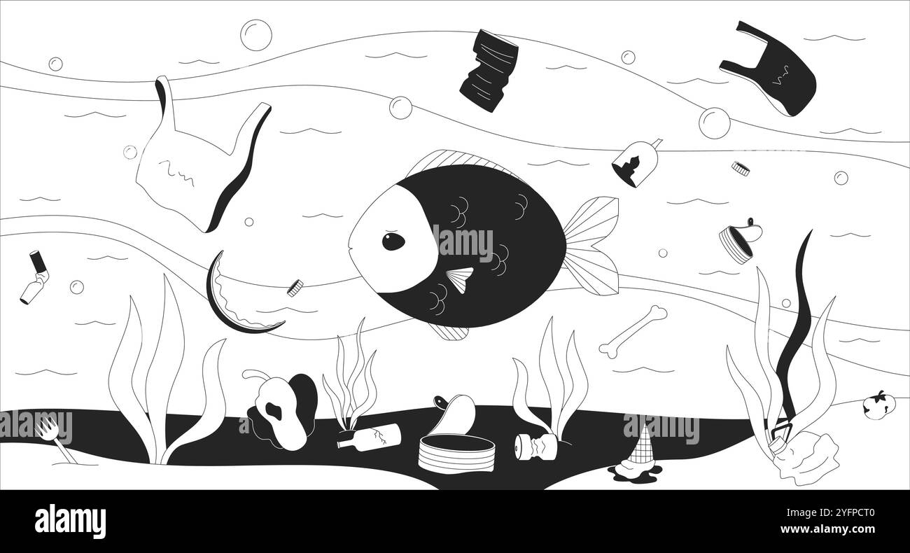 Underwater trash with fish floating black and white line illustration ...