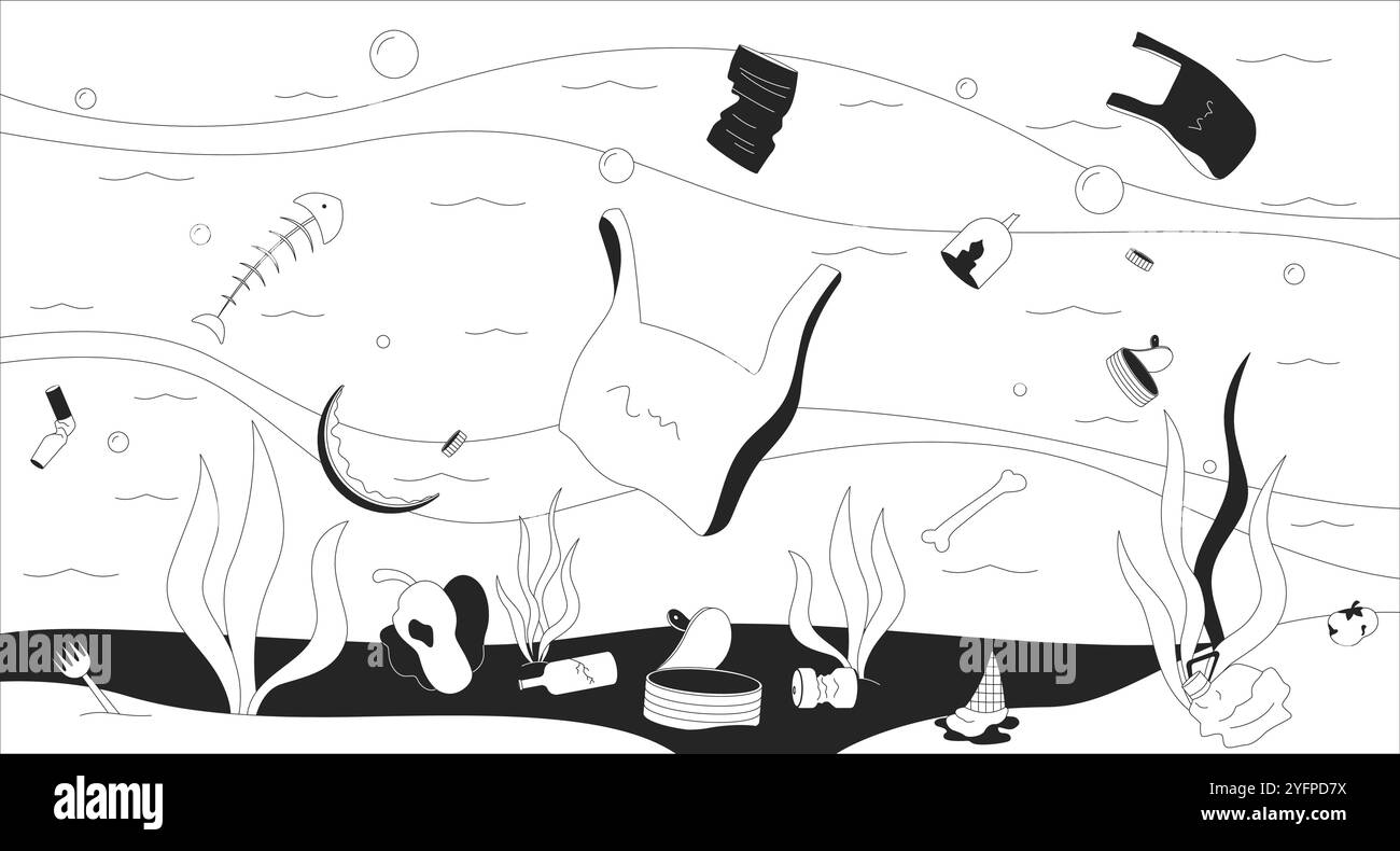 Marine litter floating underwater ocean black and white line ...