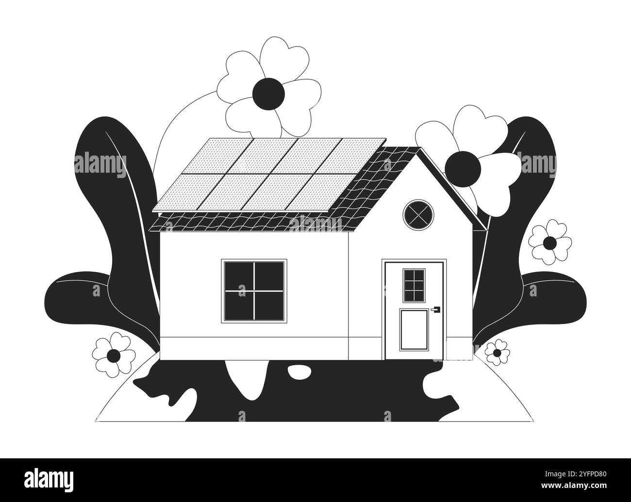 Residential renewable energy black and white 2D illustration concept ...
