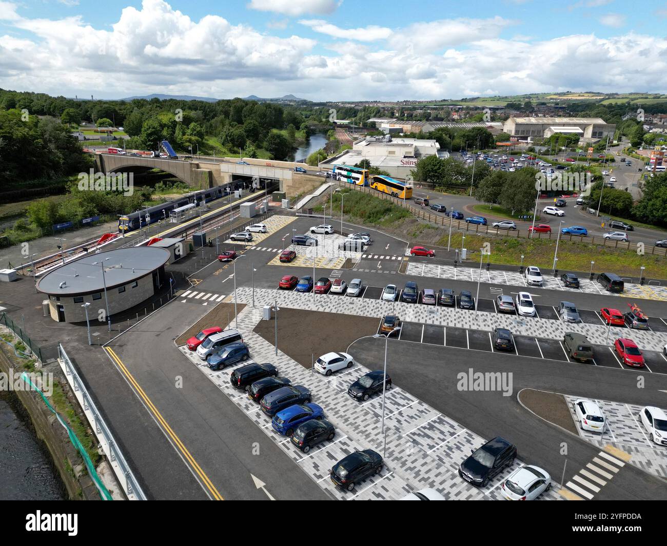 Aerial drone view of a Scotrail Class 170 DMU train at the newly ...