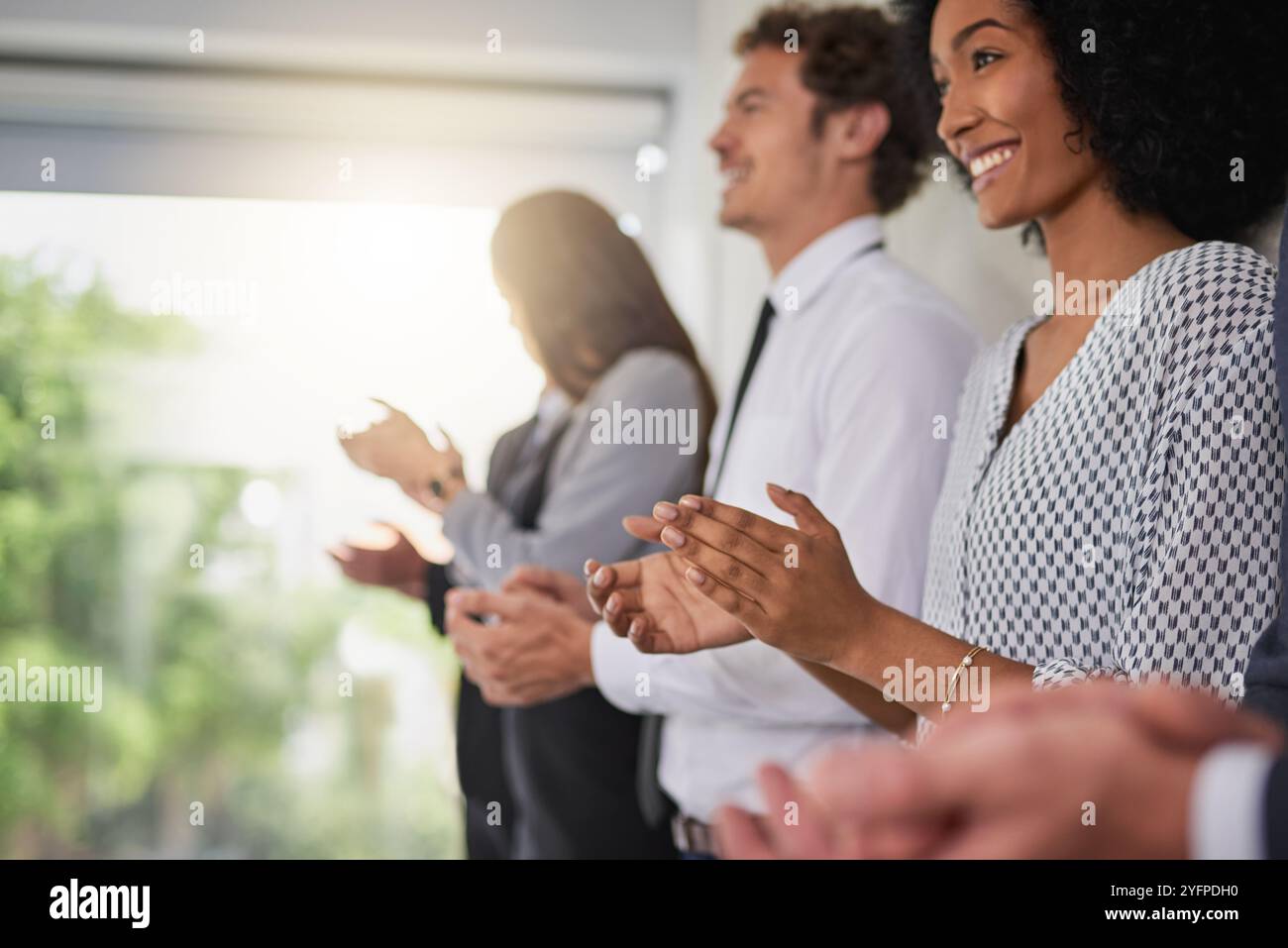 Employees, applause and celebrate goals in office, staff row and united ...