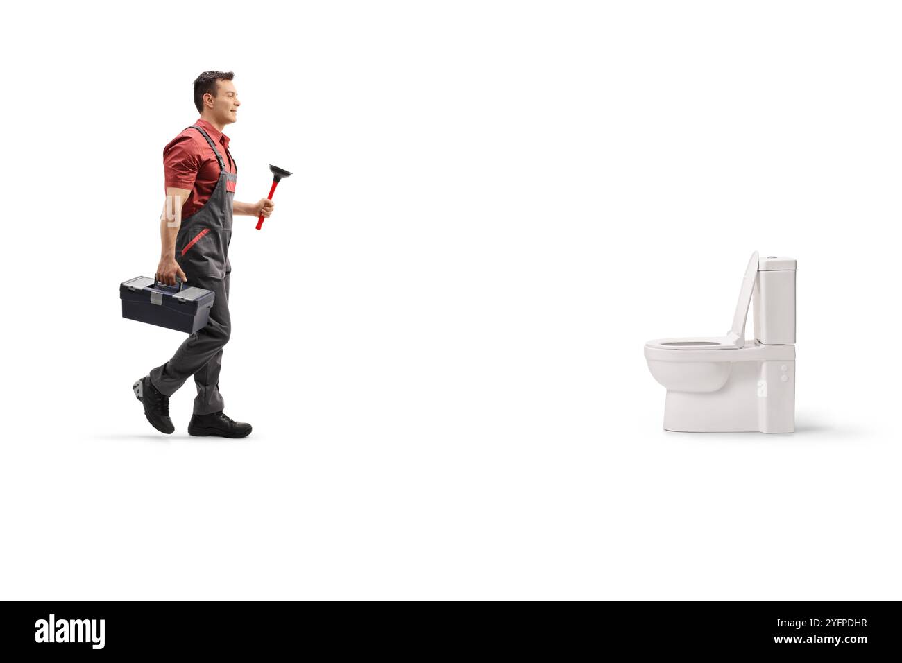 Plumber with a toolbox and a plunger walking towards a toilet seat ...