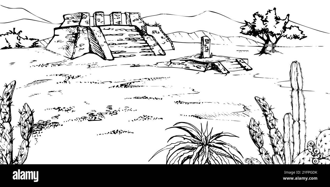 Mesoamerica Aztec ancient pyramid ruins, cacti trees on plain grassy ...