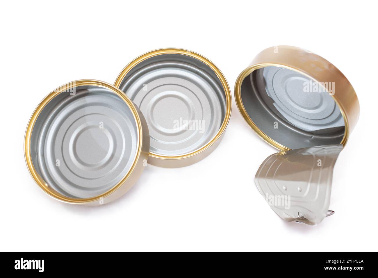 Three Opened Empty Tin Cans Isolated on White Background. Clean Used ...