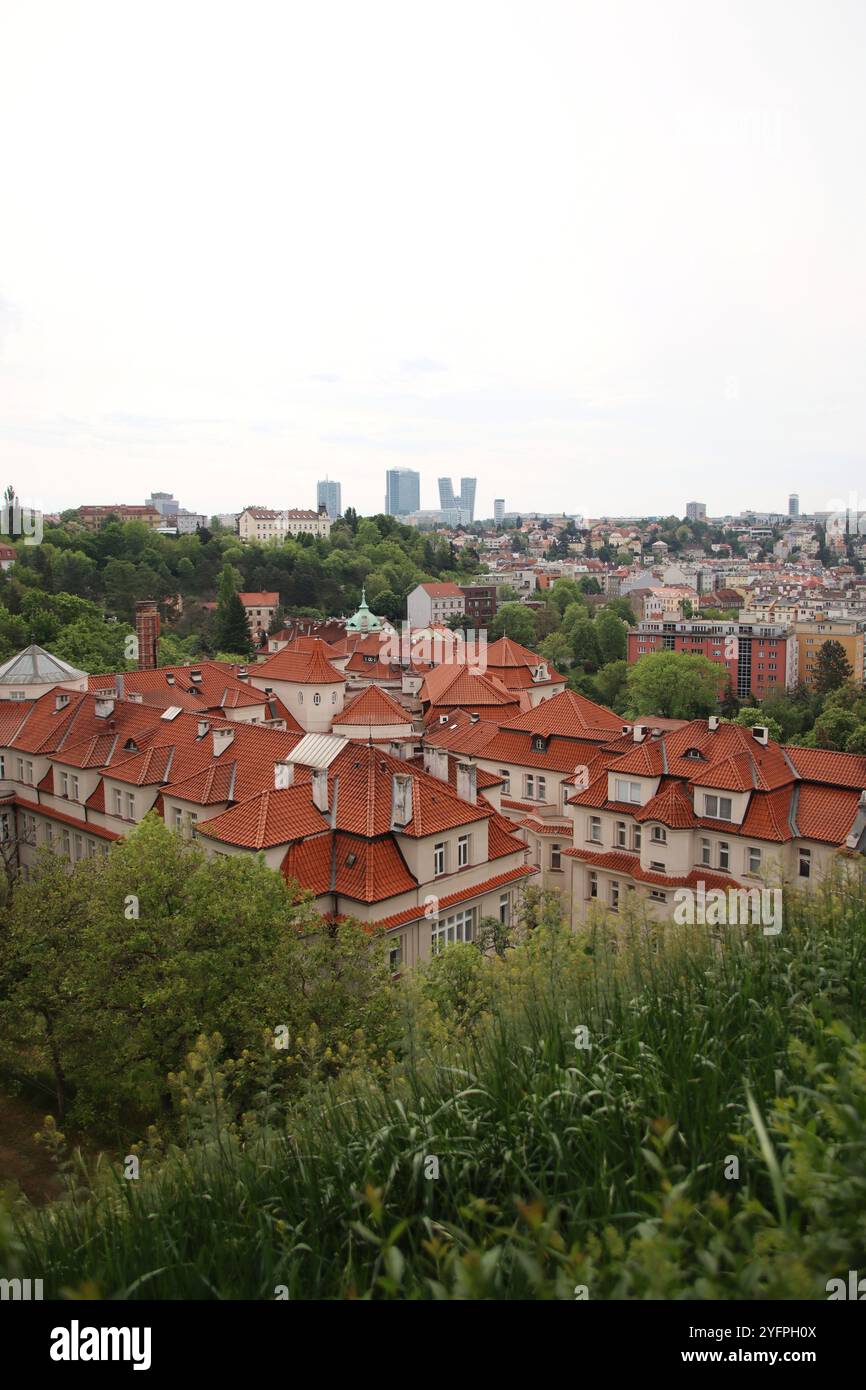 view of the historic center of Prague. At background are modern ...