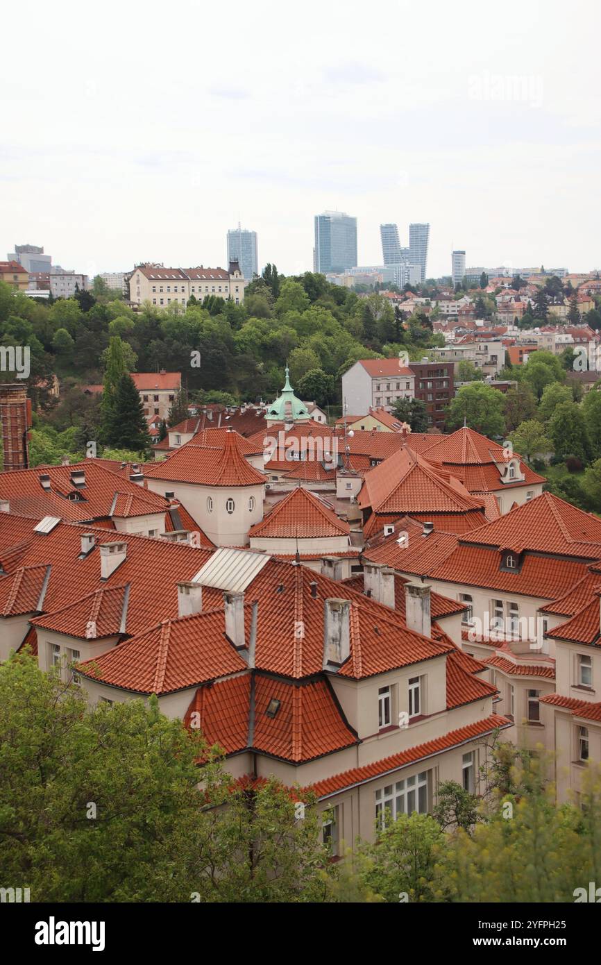 view of the historic center of Prague. At background are modern ...