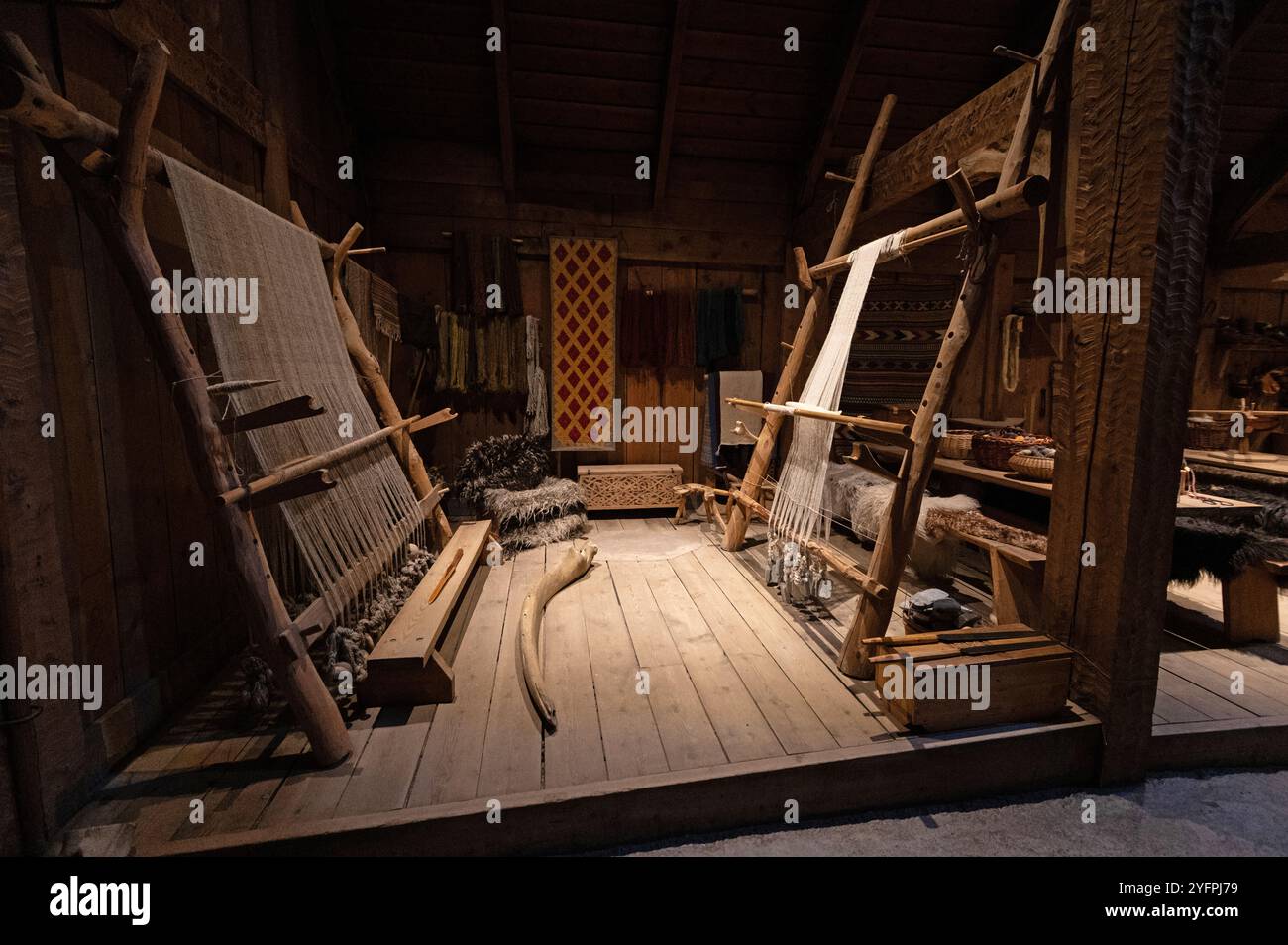 The Viking wooden weaver looms inside the Viking Chieftain’s longhouse ...