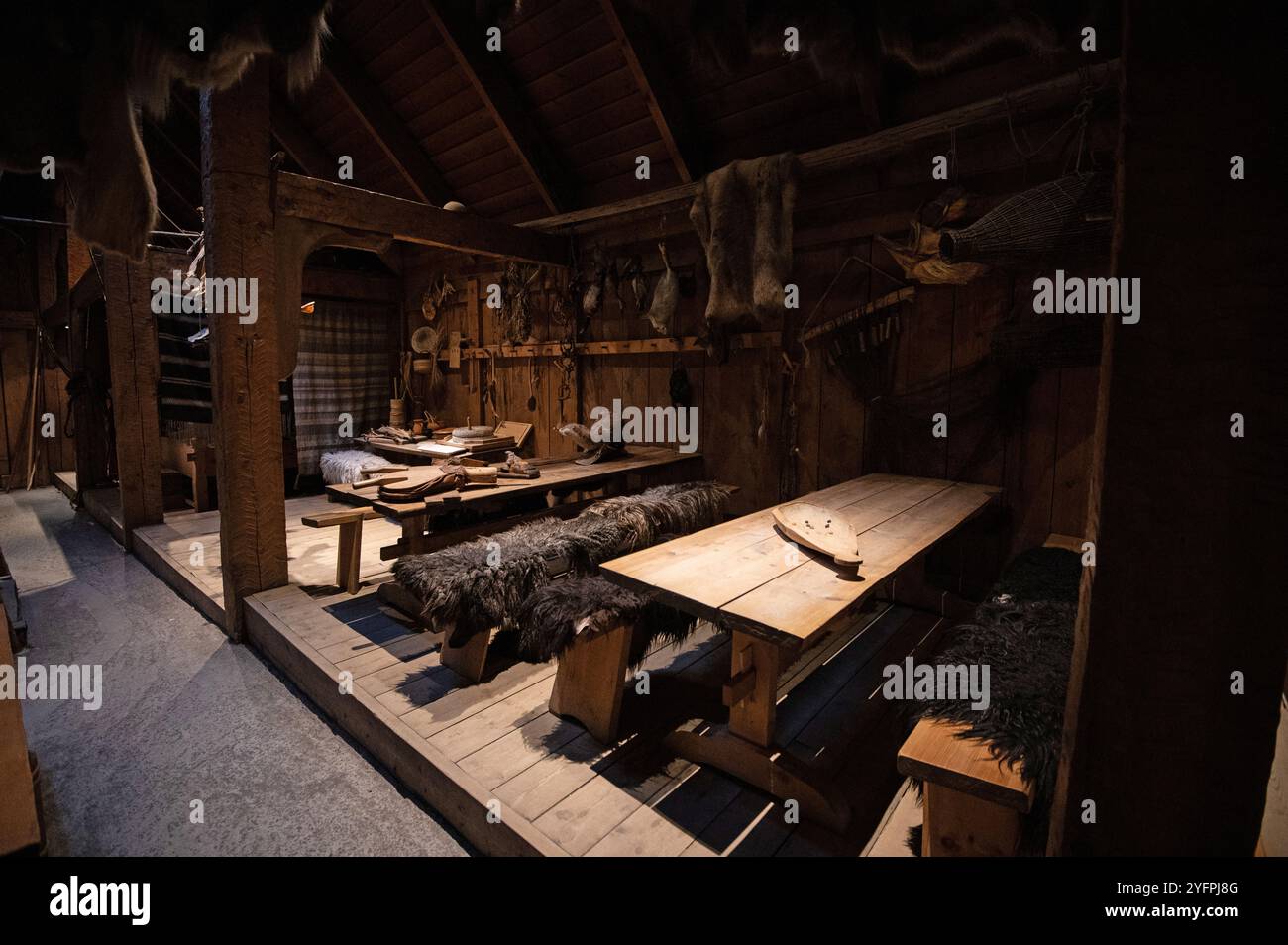 Viking family living quarters inside the Viking Chieftain’s longhouse ...