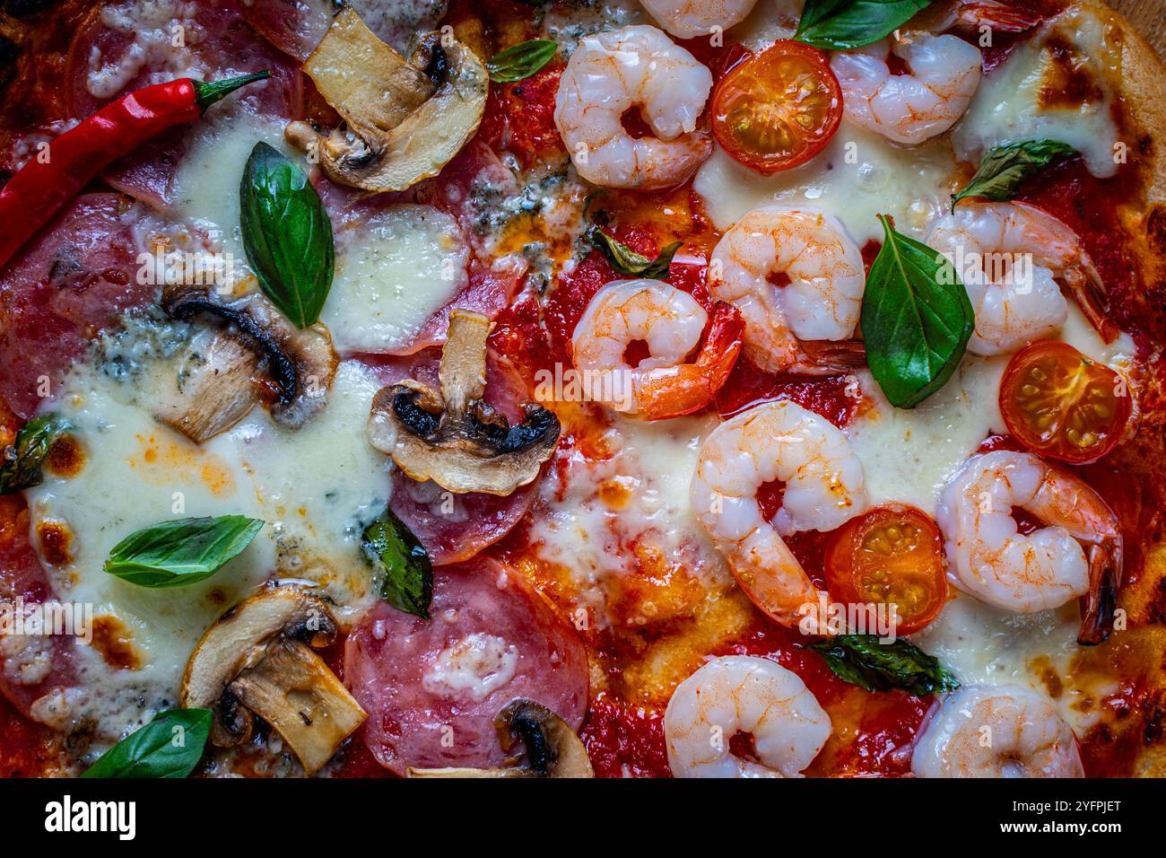 Pizza with two types of toppings: one half of pepperoni with mushrooms ...