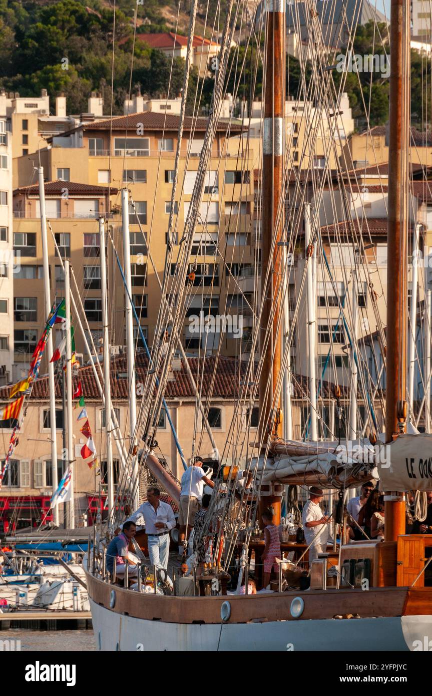 Aperitif time on a luxury sailboat in the Vieux Port of Marseille Stock ...
