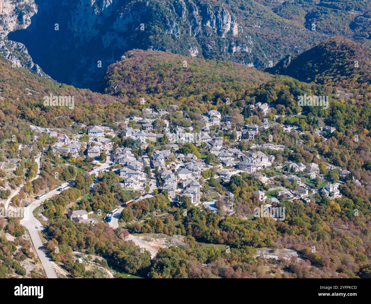 Aerial drone photo of the mountain town of Monodendri. Monodendri is ...
