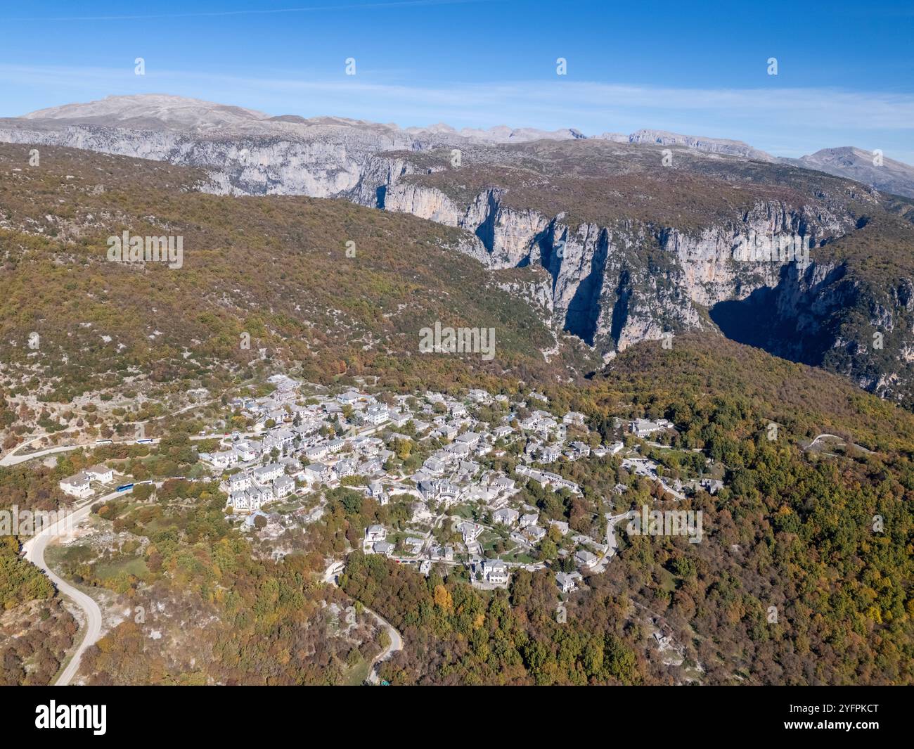 Aerial drone photo of the mountain town of Monodendri. Monodendri is ...
