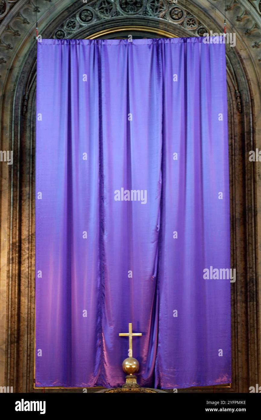 Lent and Holy Week. Sacred image covered with purple fabric. Religious ...