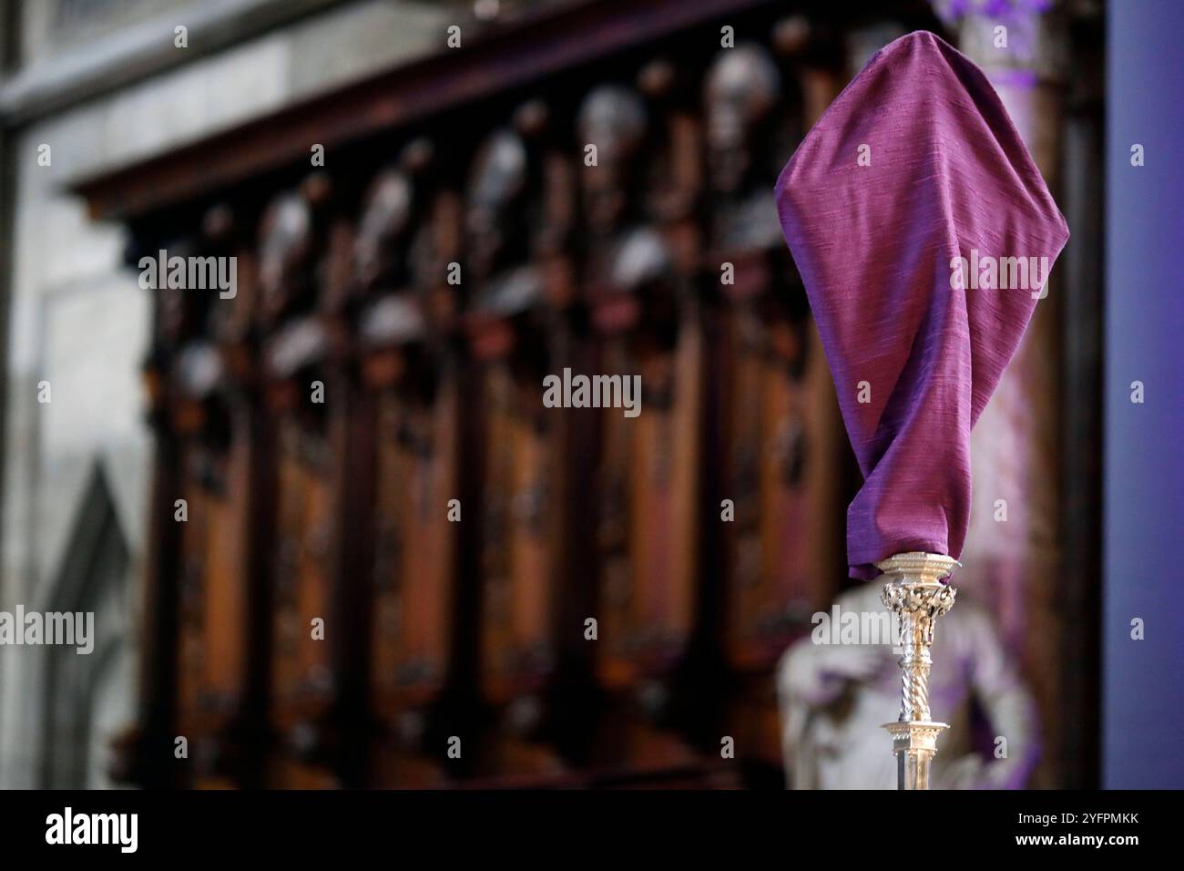Lent and Holy Week. Sacred image covered with purple fabric. Religious ...