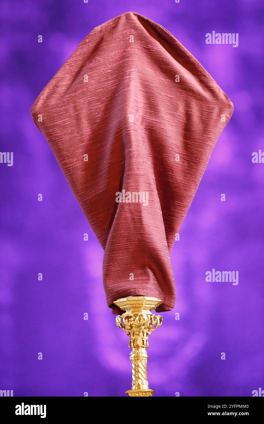 Lent and Holy Week. Sacred image covered with purple fabric. Religious ...