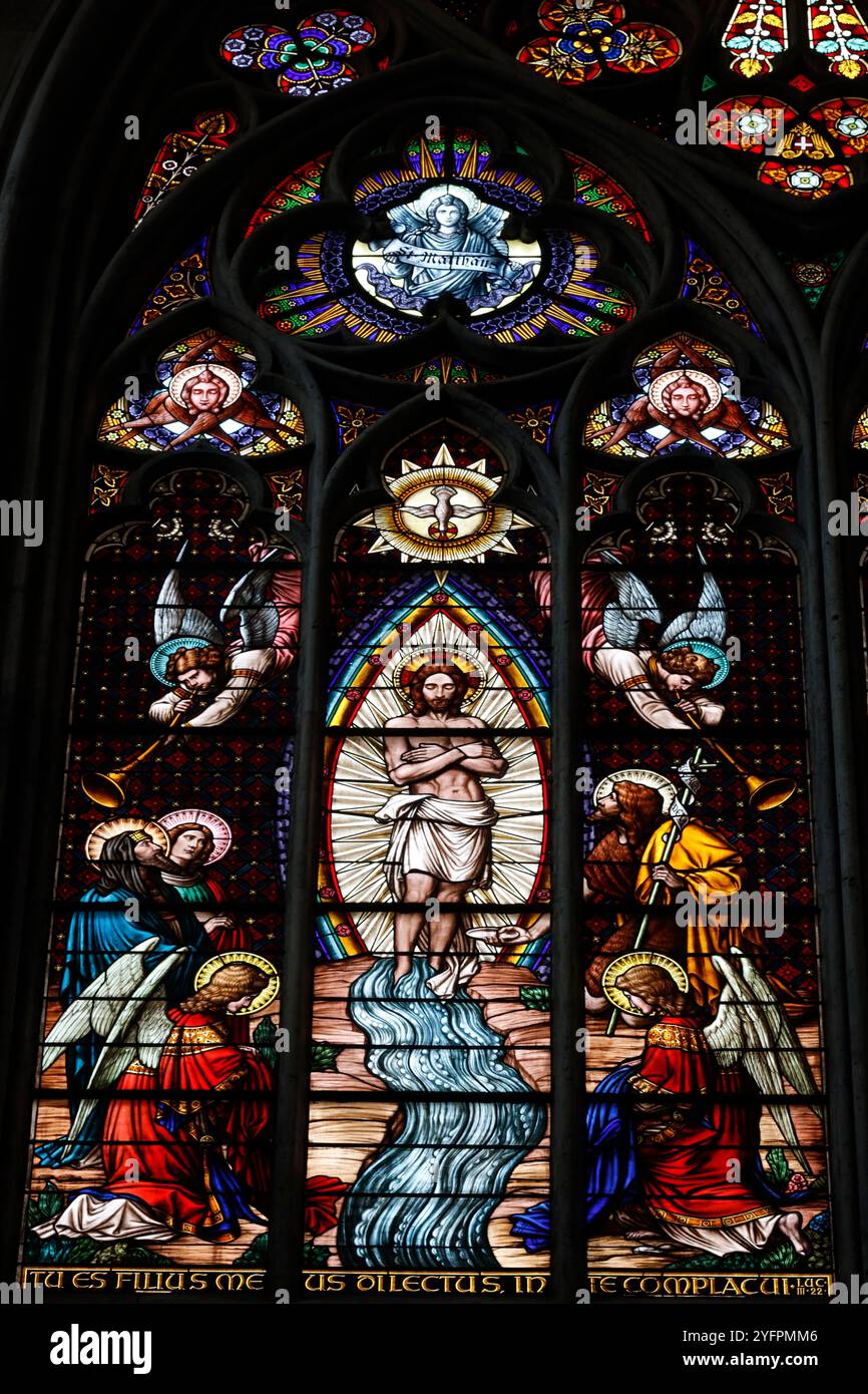 The Baptism of Christ. Stained glass. Votive church. Vienna. Austria ...