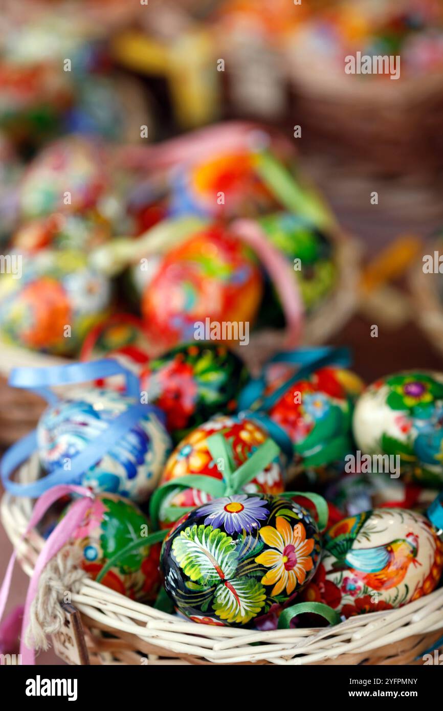 Colorful and painted easter eggs in traditional Easter market. Easter ...
