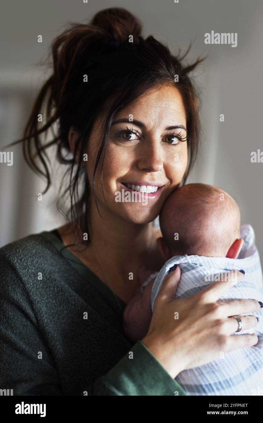 Mom, baby and portrait for love, care and support with bonding ...