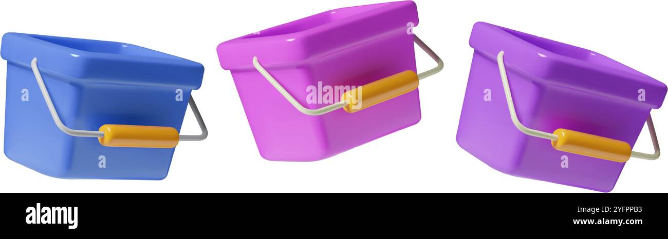 Plastic rectangular buckets 3D realistic colorful vector illustration ...