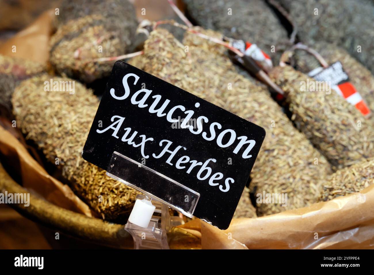 Luxury grocery store. Traditional pork sausage. France Stock Photo - Alamy