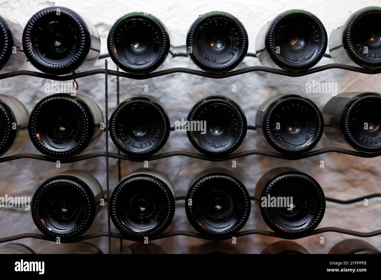 Selection of French wine bottles at a wine merchant. Red wine.. France ...