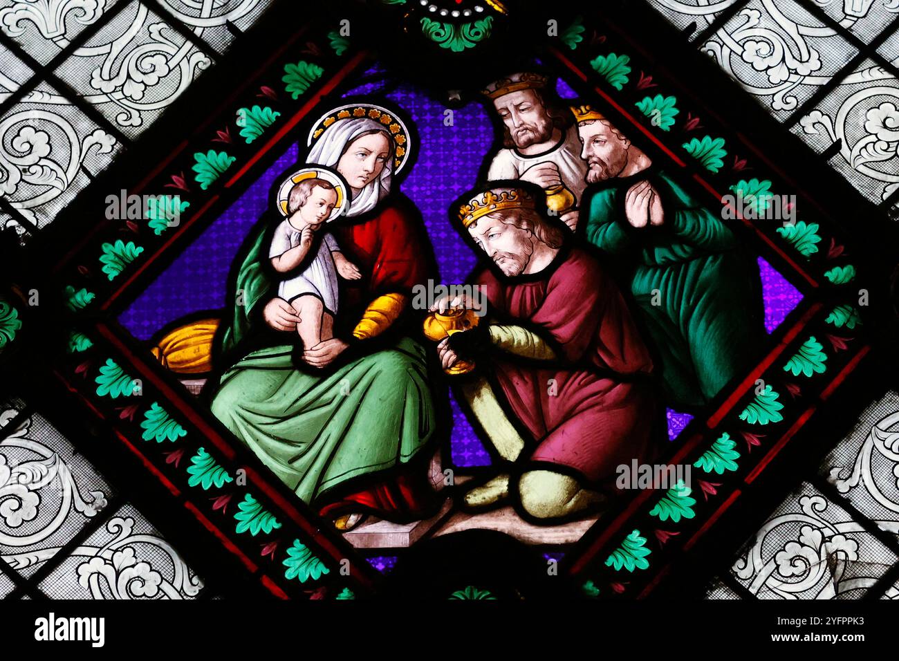 Saint Martin d'Ainay basilica. Stained glass window. Nativity of Jesus ...