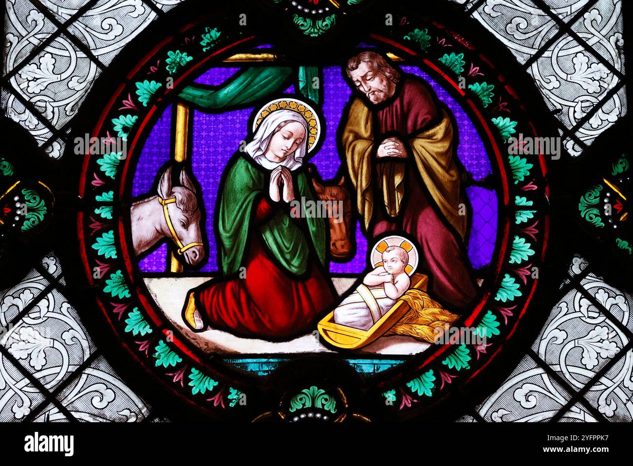 Saint Martin d'Ainay basilica. Stained glass window. Nativity of Jesus ...