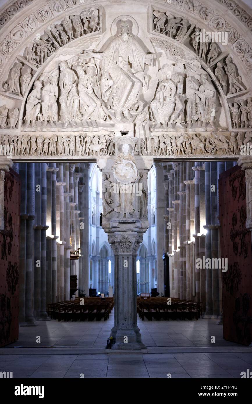 Benedictine abbey of Vezelay. Tympanum of the Narthex representing ...