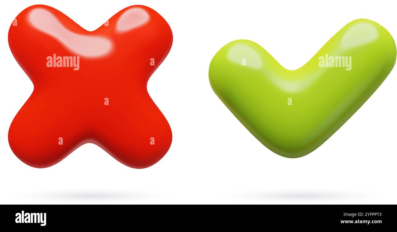 3d cross and tick minimal plastic checkmark icons set isolated on white ...