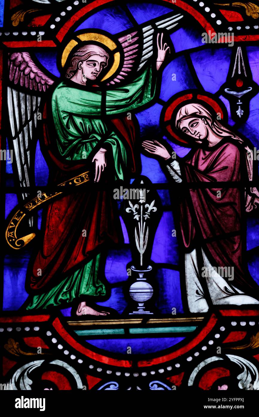 Saint Ferreol church. Stained glass window. The Annunciation by the angel Gabriel to the Virgin ...