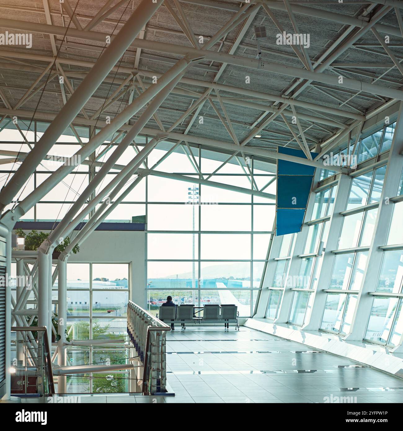 Airport, building and waiting room for flight, architecture and design ...