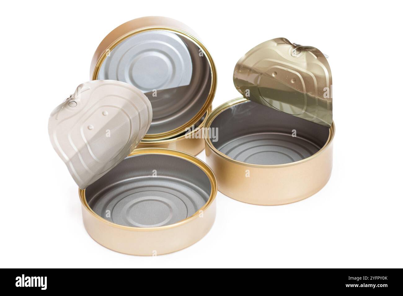 Three Opened Empty Tin Cans Isolated on White Background. Clean Used ...