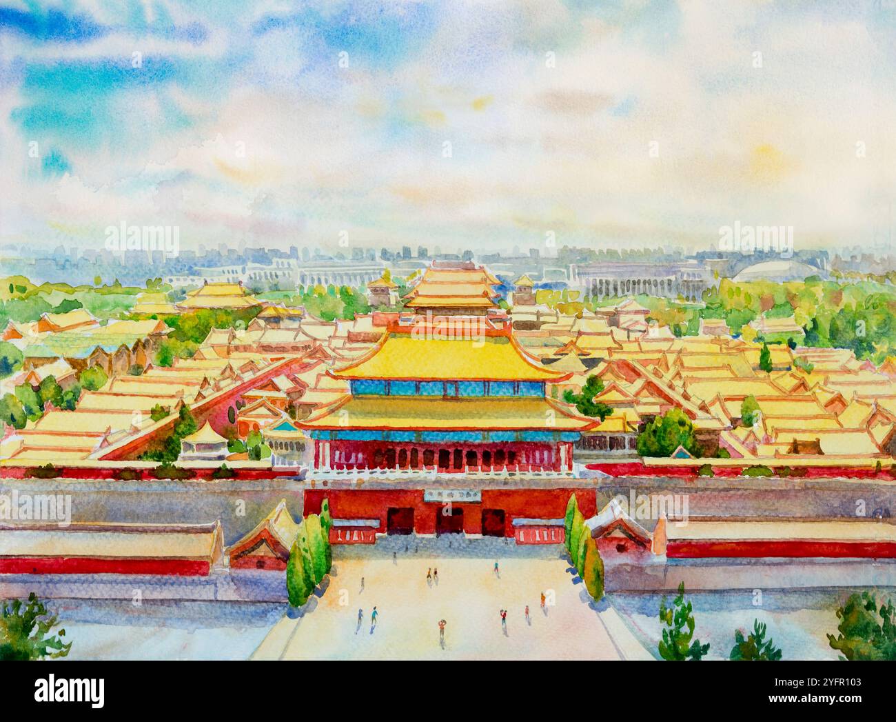 Paintings famous landmark tourism location Beijing forbidden city scenery in China. Watercolor ...