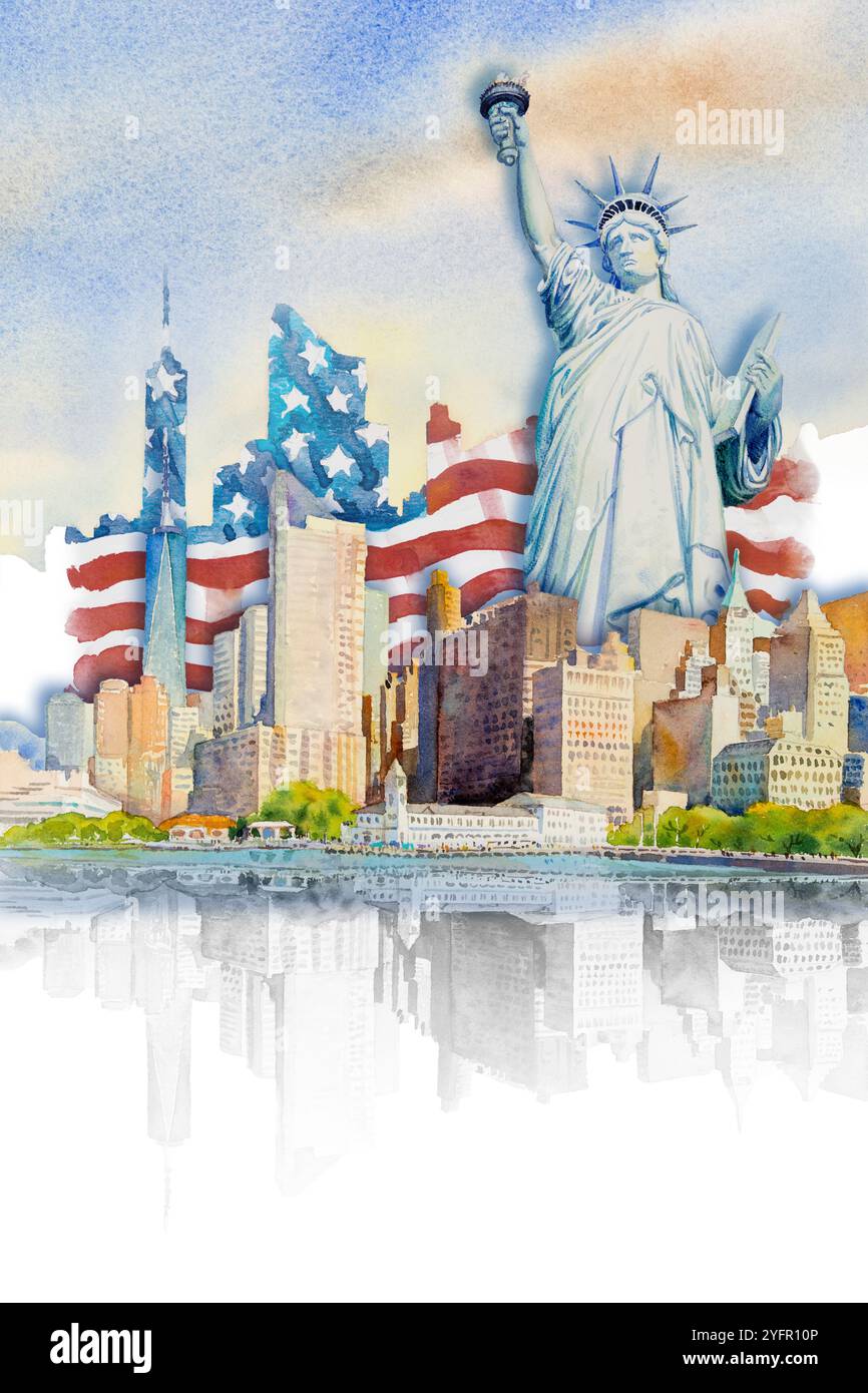 Painting landmark travel in USA. Statue Liberty, Famous landmarks of ...