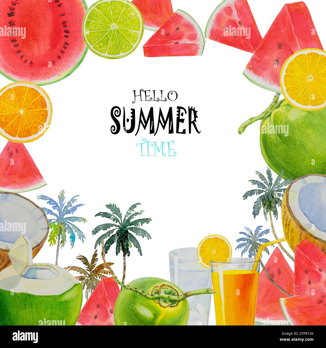 Hello summer time, Paintings fruit with watermelon, coconut and orange ...