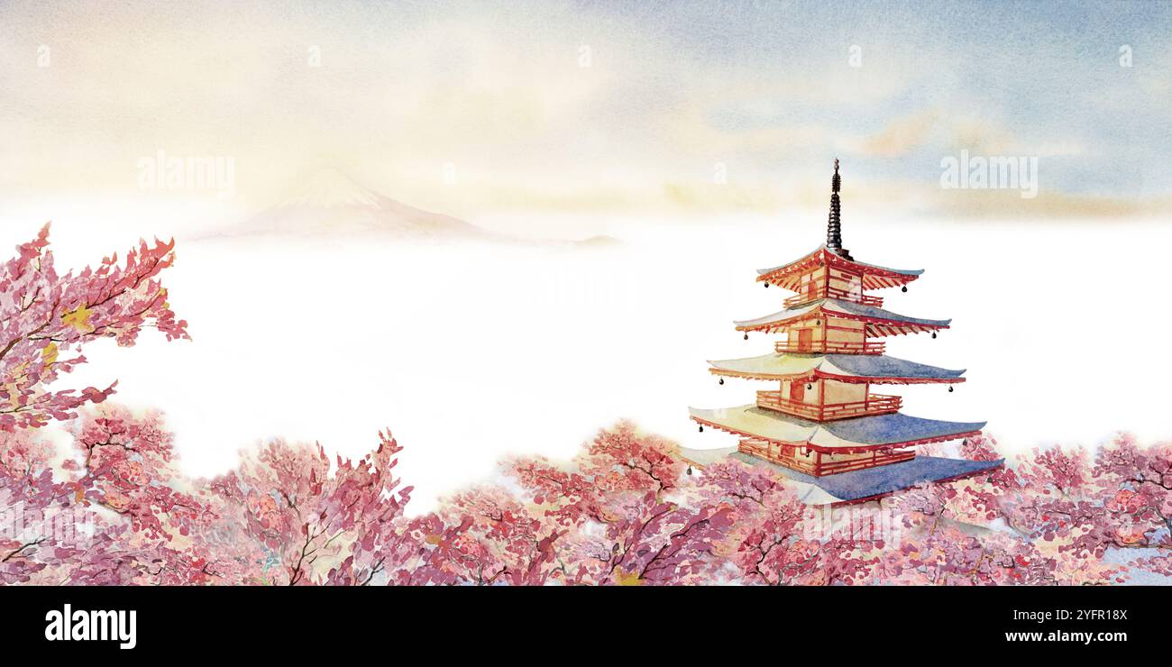 Travel Asia watercolor painting famous landmarks in Japan. Chureito red ...