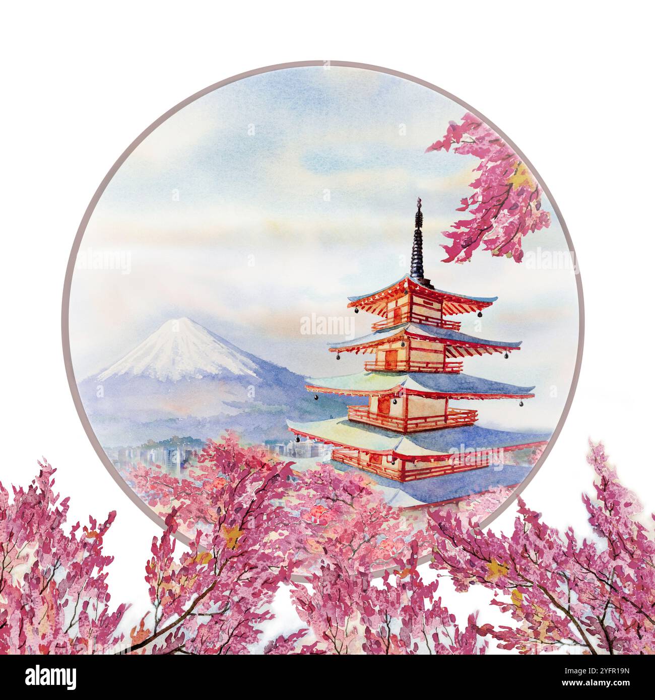 Hello Spring season. watercolor painting famous landmarks in Japan ...