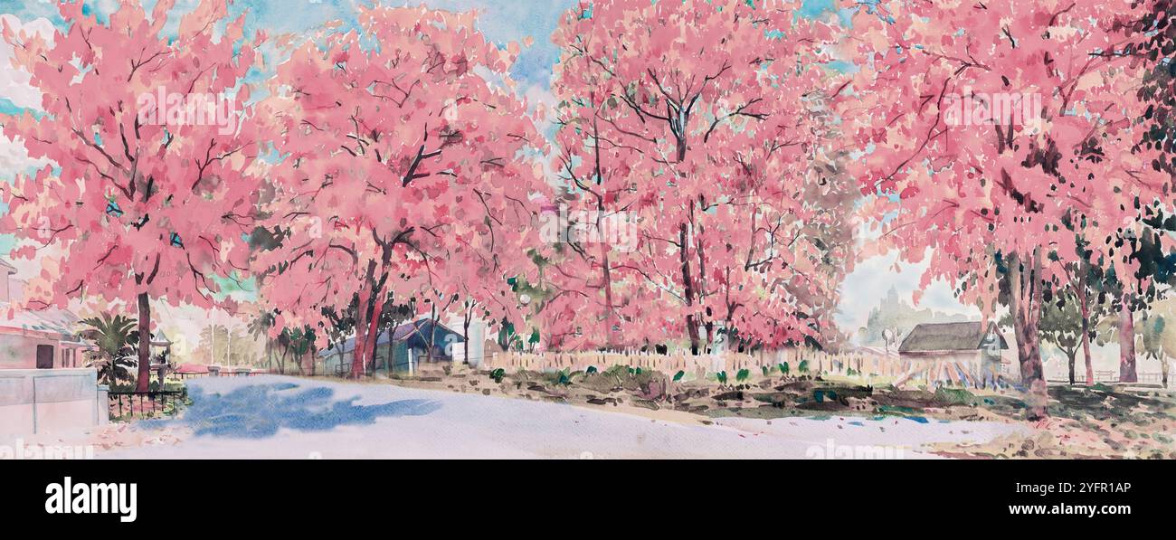 Spring flower of landmark. Painting watercolor landscape pink color of ...