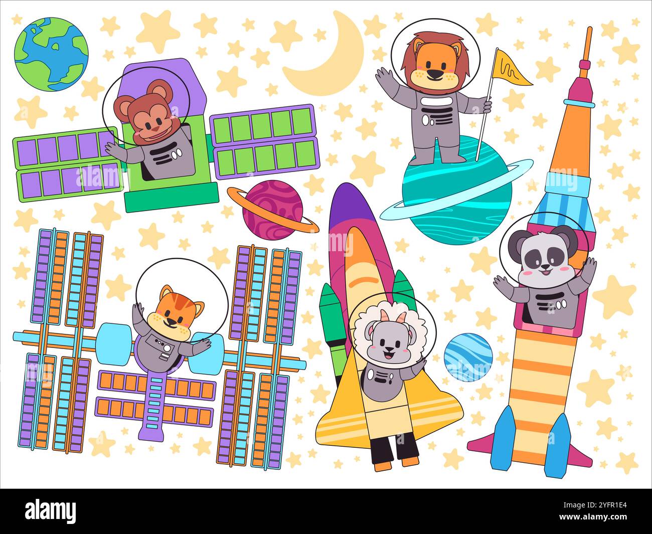 Animal characters astronaut cosmonaut sky space spaceship satellite ...