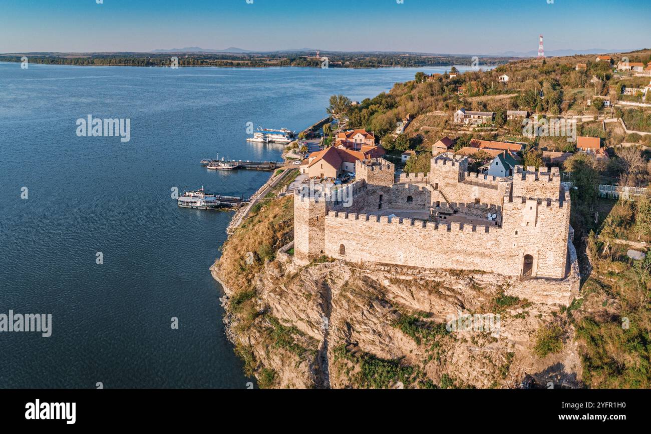 An aerial view of the ancient Ram Fortress overlooking the Danube River ...